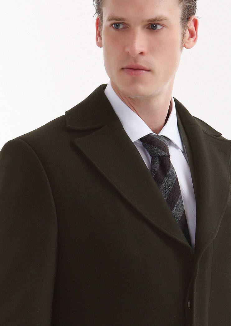 Khaki Regular Fit Double Breasted Collar Casual Weaving Overcoat