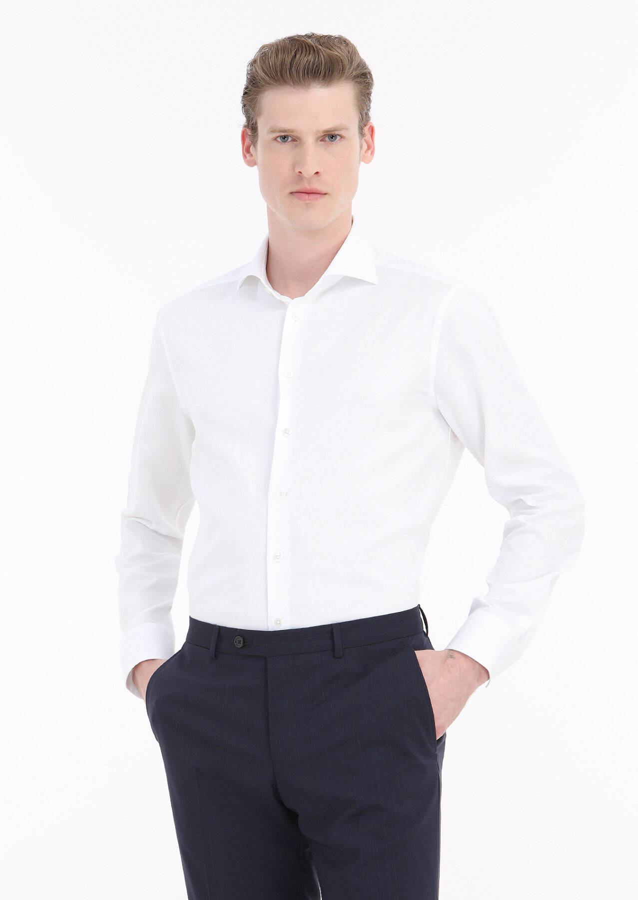 White Micro Regular Fit Long Weaving Classical 100% Cotton Shirt